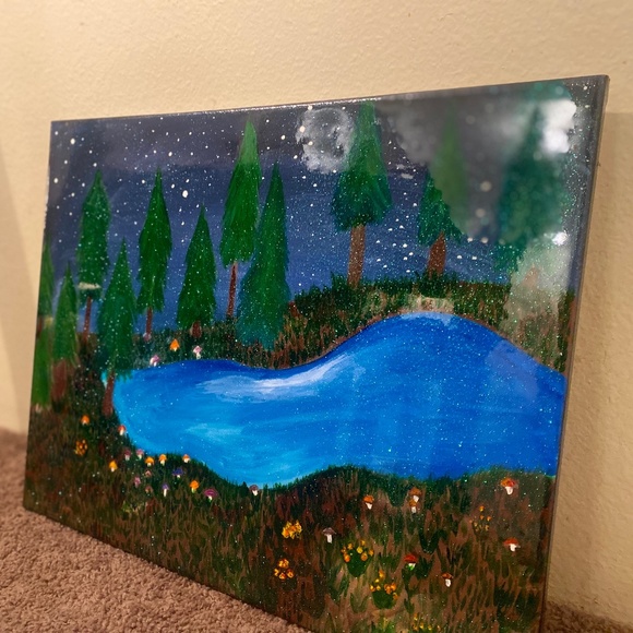 Art | Glitter Forest Painting With Colorful Mushrooms Housewarming Wall ...